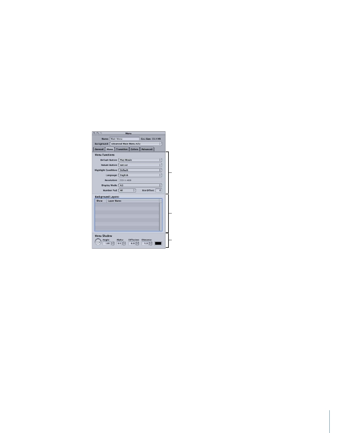Menu Tab in the Menu Inspector for Standard Menus - DVD Studio Pro