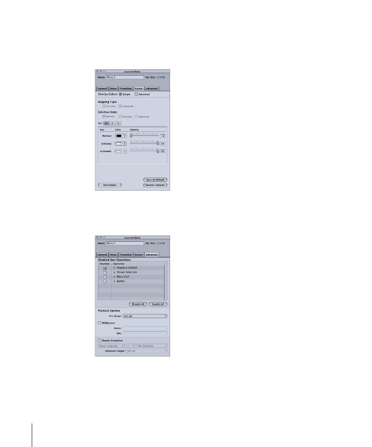 Colors Tab in the Layered Menu Inspector - DVD Studio Pro